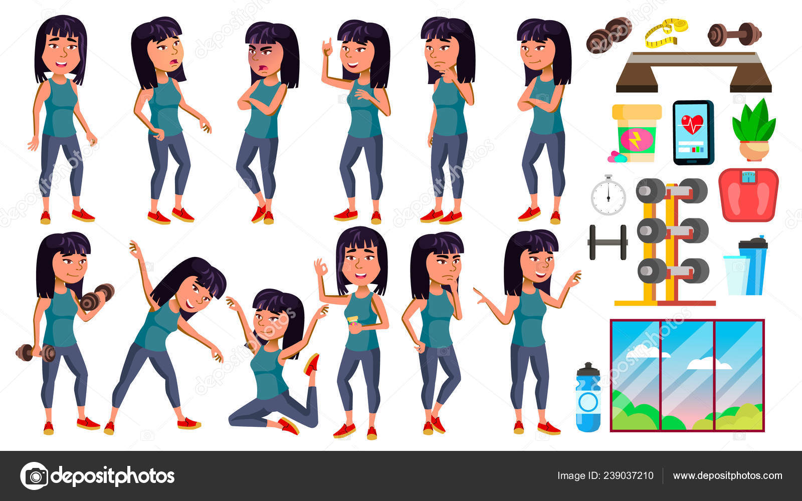 Asian Girl Poses Set Vector. High School Child. Fitness, Sport, Figure ...