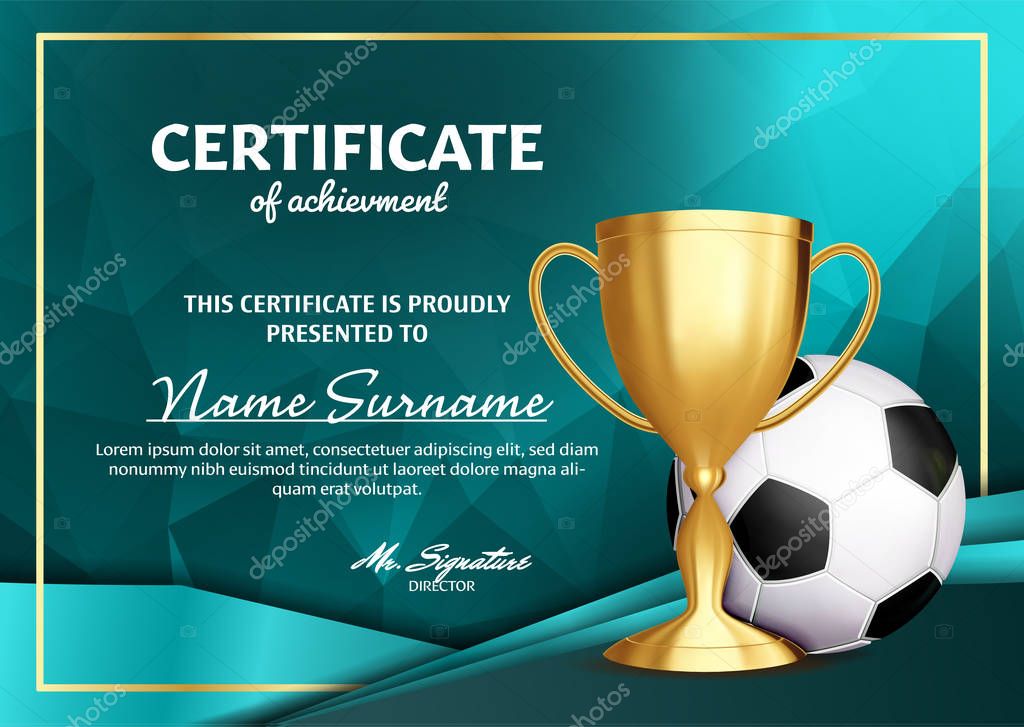 Diploma de Certificado de Fútbol con Vector de Copa de Oro. Fútbol ...