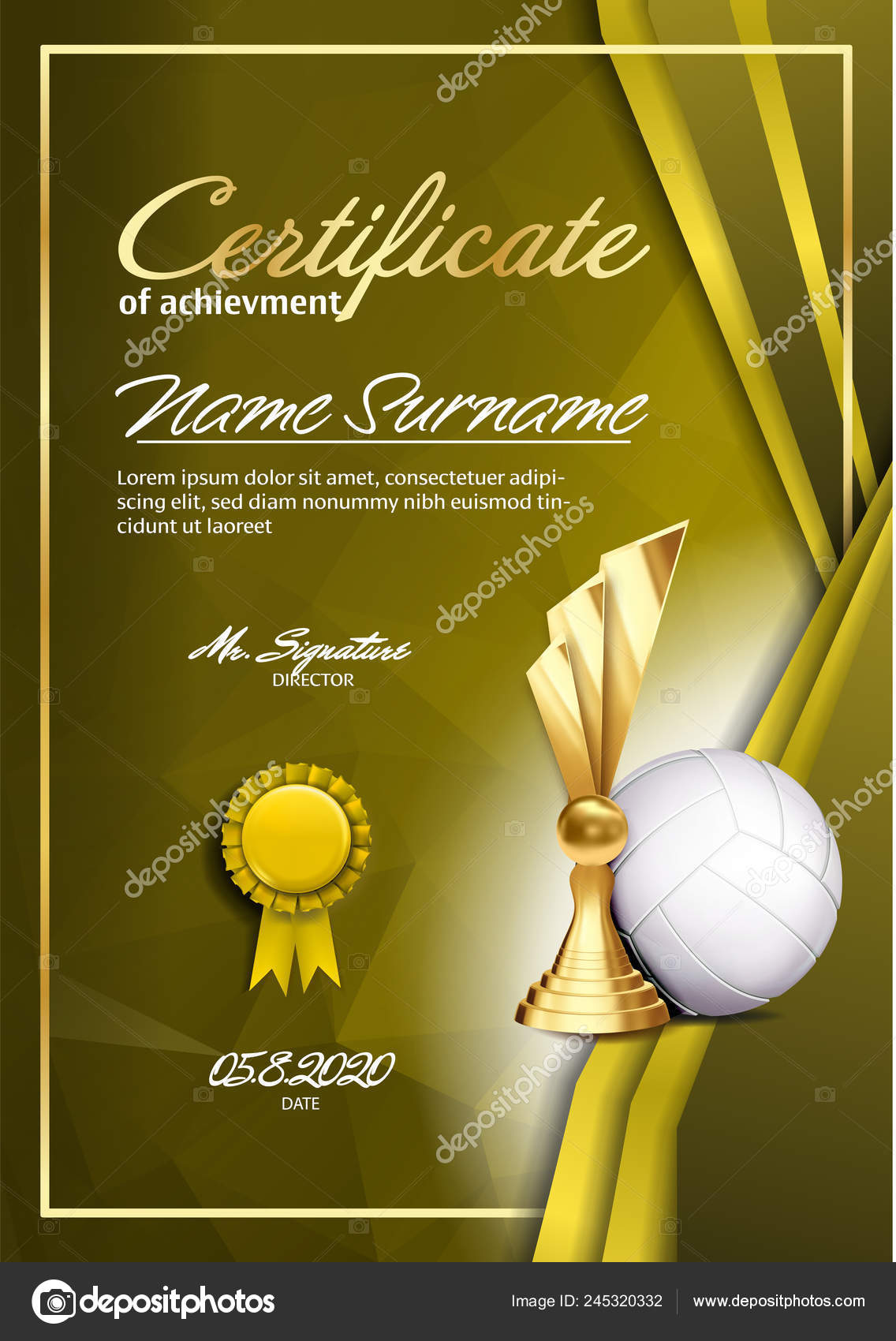 Diploma de Certificado de Juego de Voleibol con Vector de Copa de Oro ...