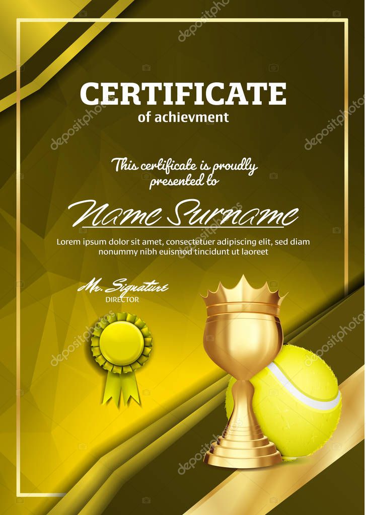 Diploma de Tenis Certificado con Vector de Copa de Oro. Apreciación ...