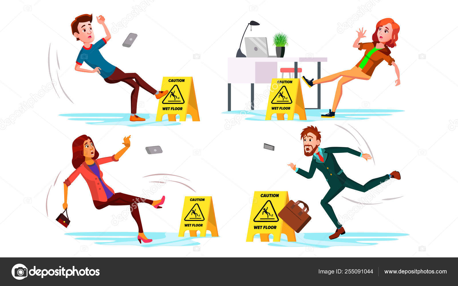 Slippery Concept Vector. Wet Slippery Floor. Slip People And Fall On ...