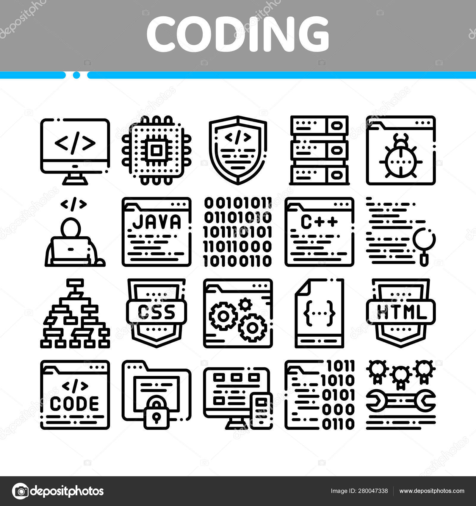 Coding System Vector Thin Line Icons Set Stock Vector Image by ...