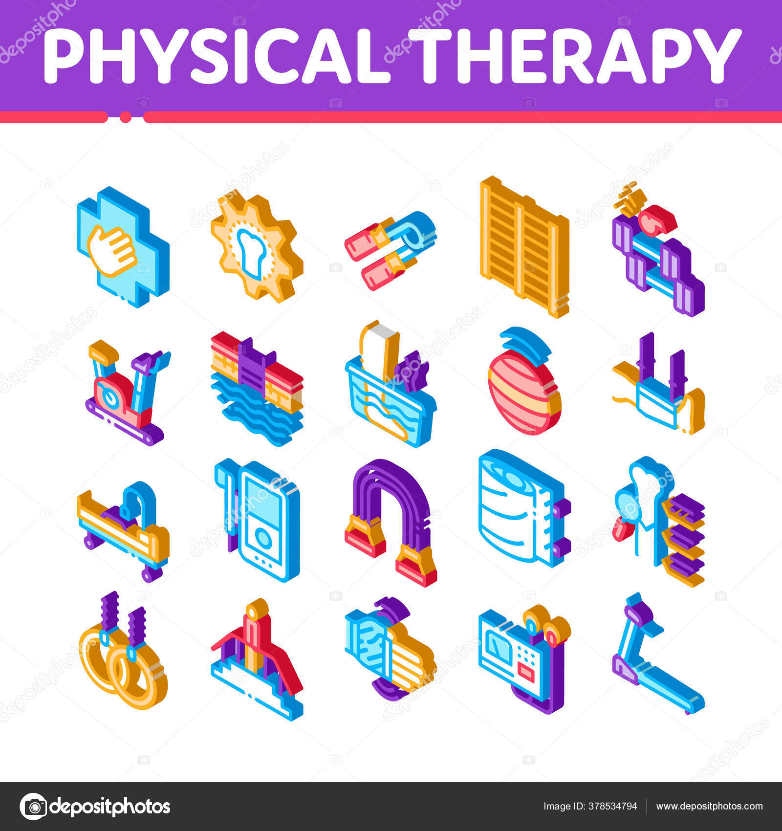 Physical Therapy Recovery Icons Set Vector Isometric Treadmill Exercise ...