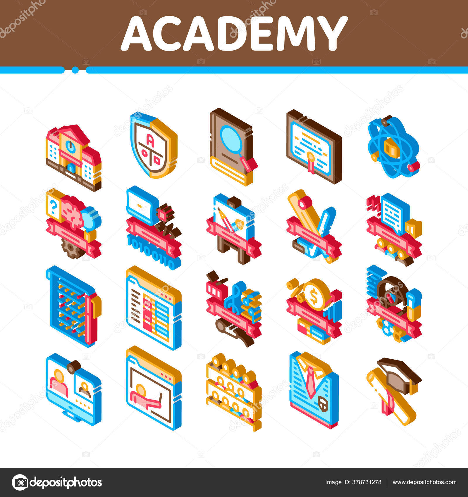 Academy Educational Icons Set Vector Isometric Academy Building Uniform ...