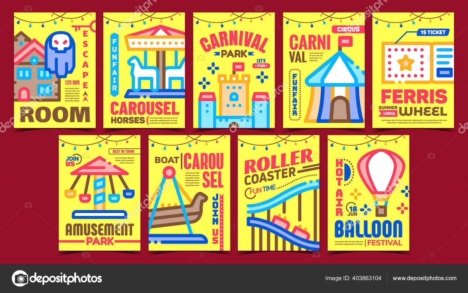 Amusement Park Advertising Posters Set Vector Escape Room Air Balloon ...