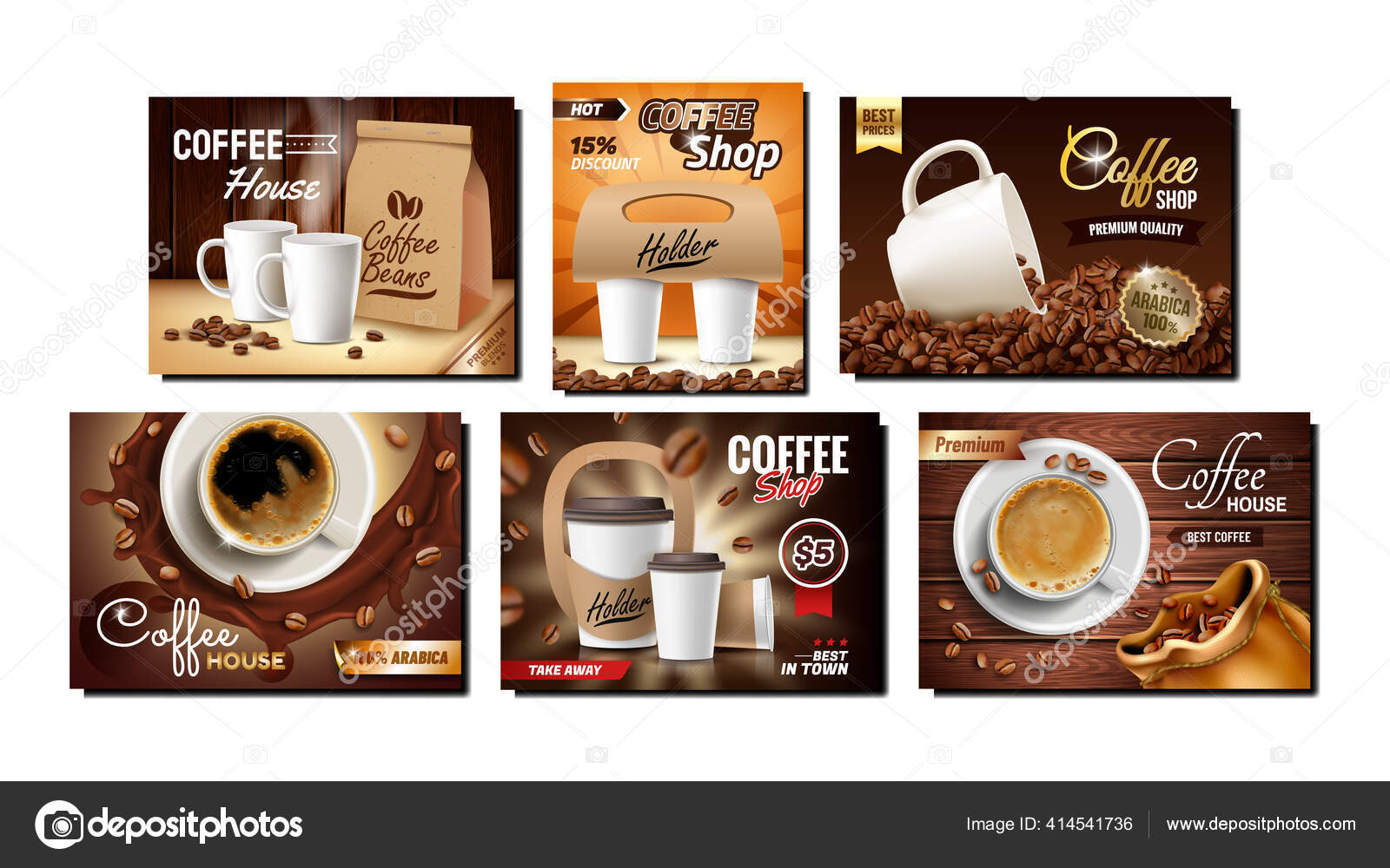 Coffee Shop Collection Promo Posters Set Vector Coffee Beans Blank ...