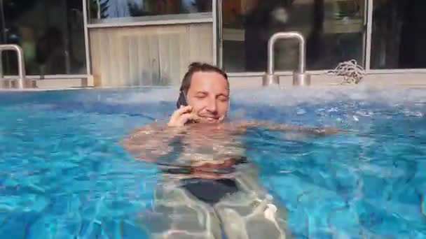 Man Answering Cell Phone Going Water Talk Swimming Pool — Stock Video ...