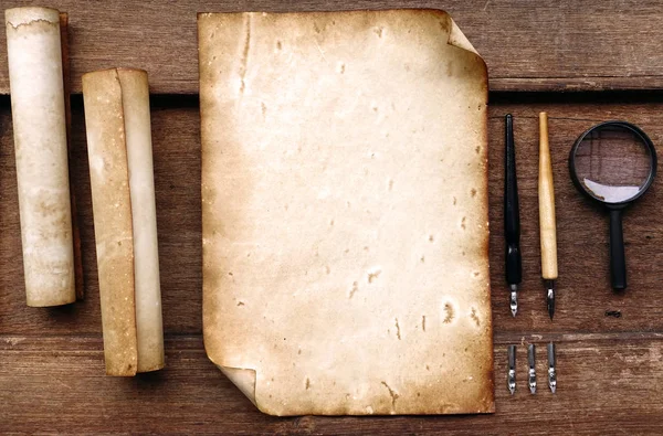 Vintage Writing Set Old Paper Brown Wood Texture Feather Ink — Stock ...