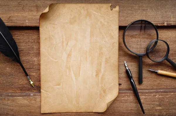 Vintage Writing Set Old Paper Brown Wood Texture Feather Ink — Stock ...