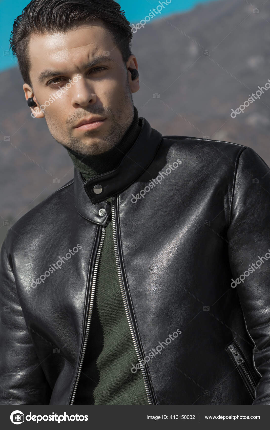 Portrait Handsome Man Leather Jacket Neat Haircut Stock Photo by ...
