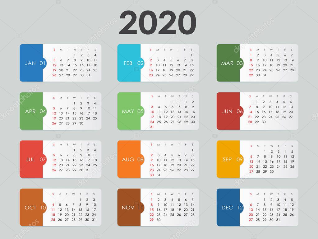 Calendar 2020 Week Starts Sunday Vector Stationery Design Print ...