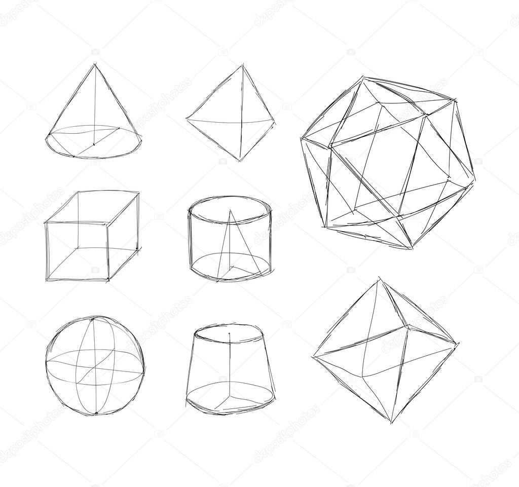 Esfera vectorial dibujada a mano, cubo y otras formas geométricas en ...