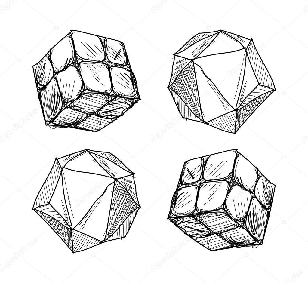Forma poligonal dibujada a mano y cubo en perspectiva 3d en blanco y ...