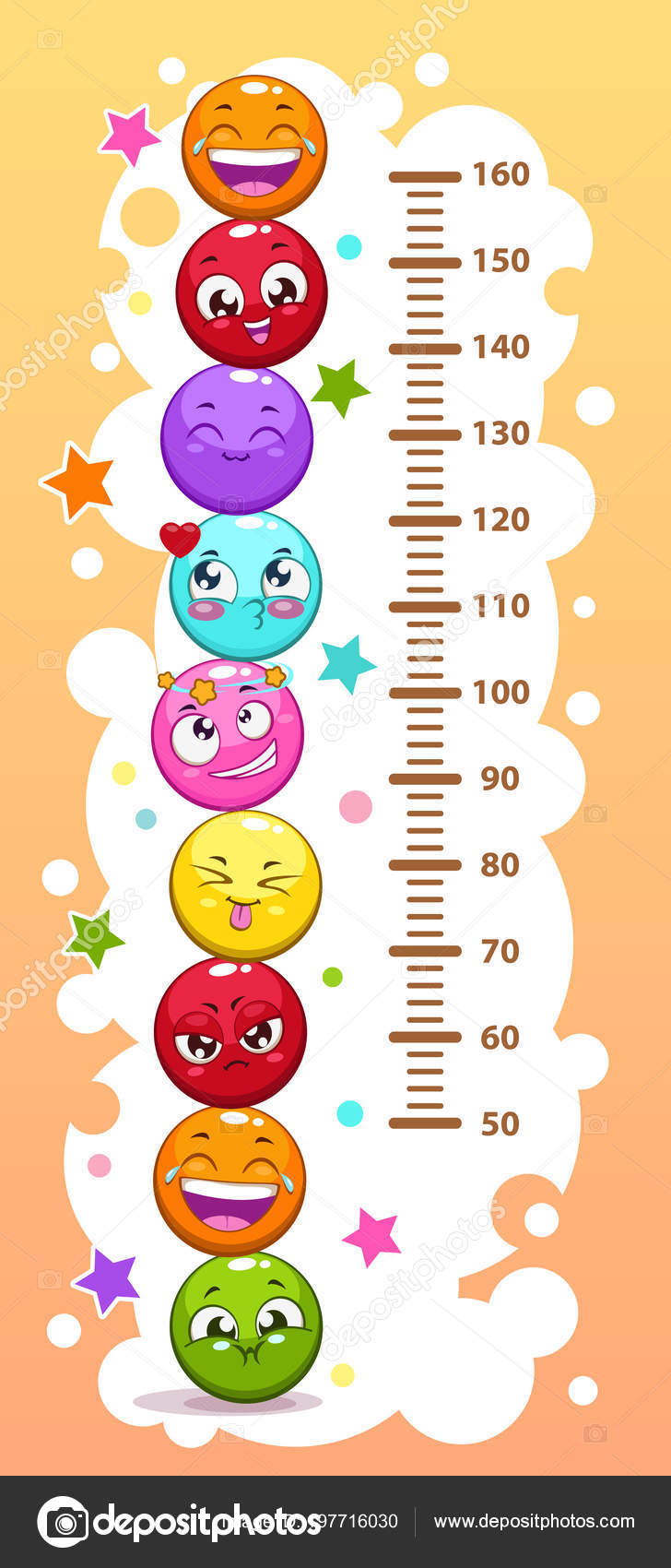 Kids height chart with funny cartoon colorful round characters. Stock ...