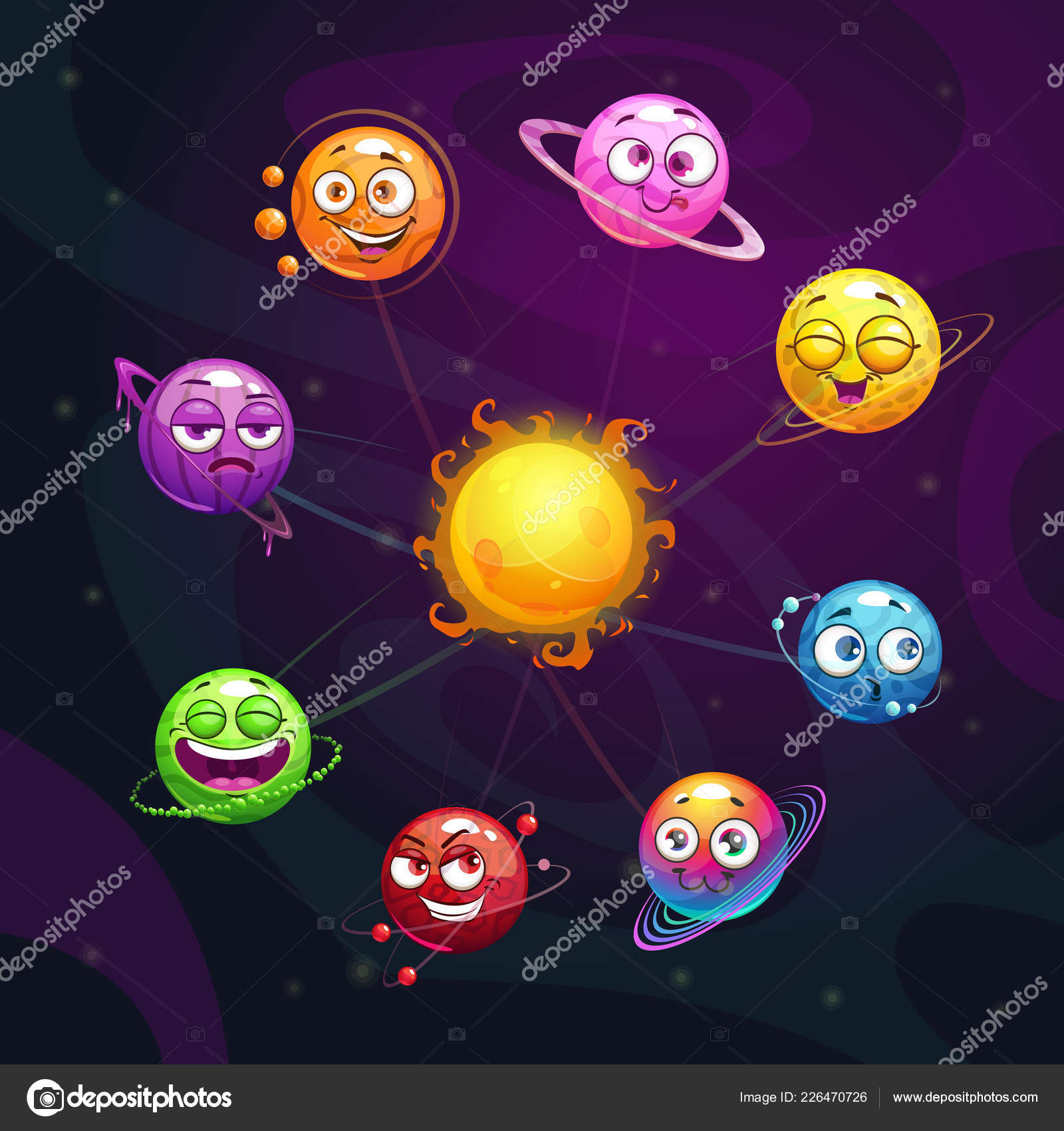 Funny cartoon fantasy solar system with colorful planet and sun ...