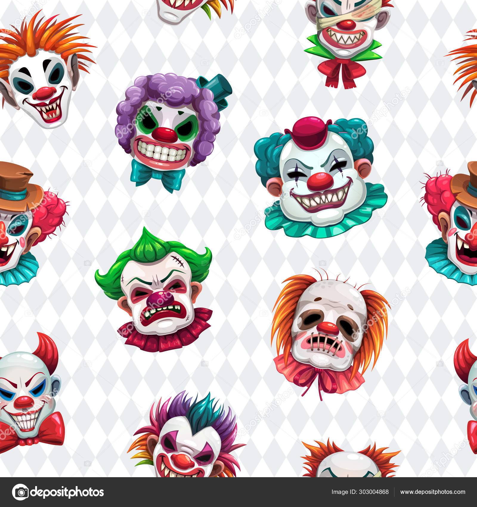 Seamless pattern with scary clown faces on the white background. Stock ...