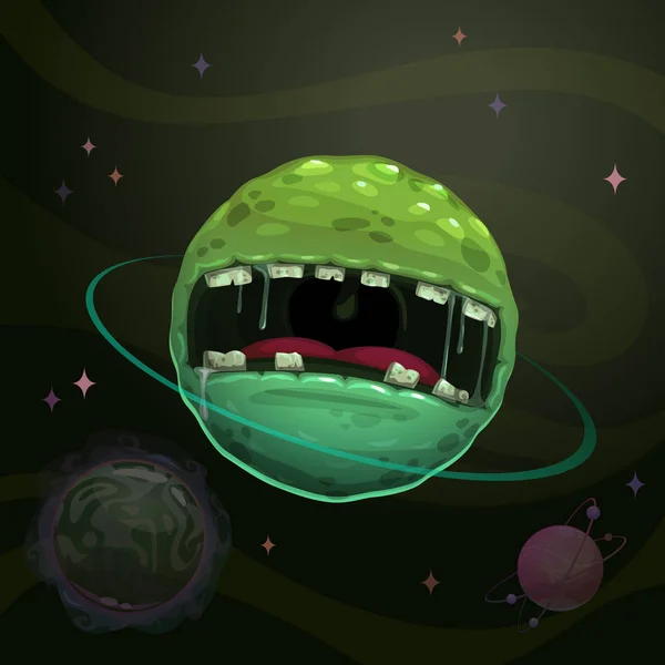 Cartoon creepy monster planet with spittle mouth and jaws on the dark ...