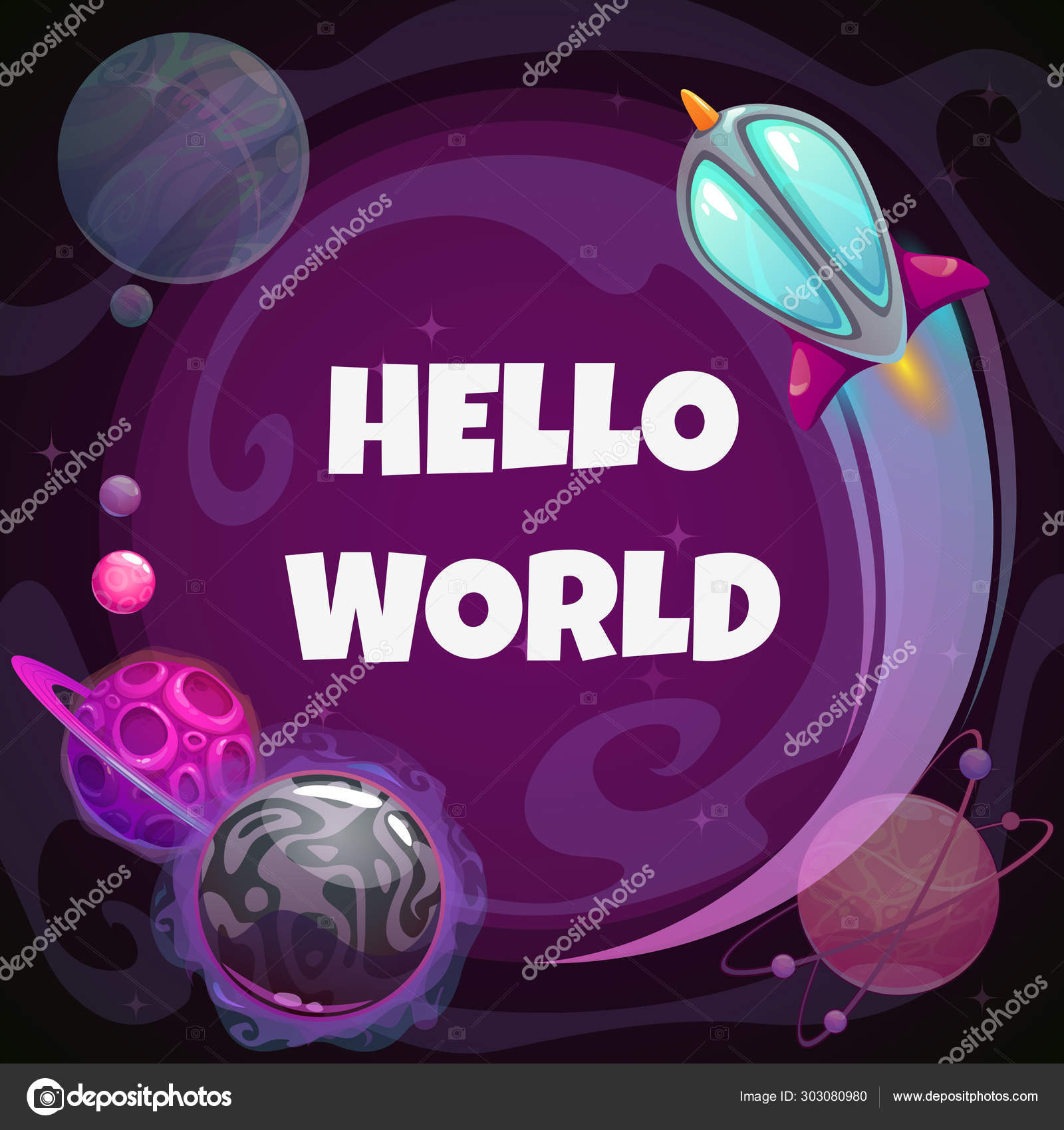 Hello world. Cartoon space square poster with spaceship and fantasy ...