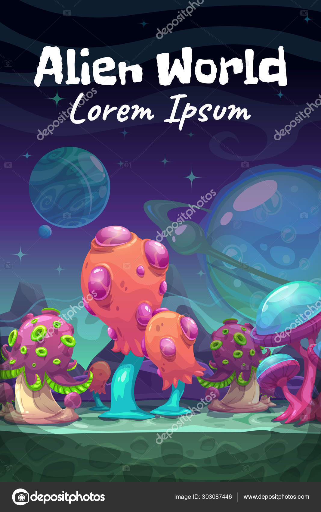 Fantasy cartoon alien world landscape. Vector magic planet illustration ...