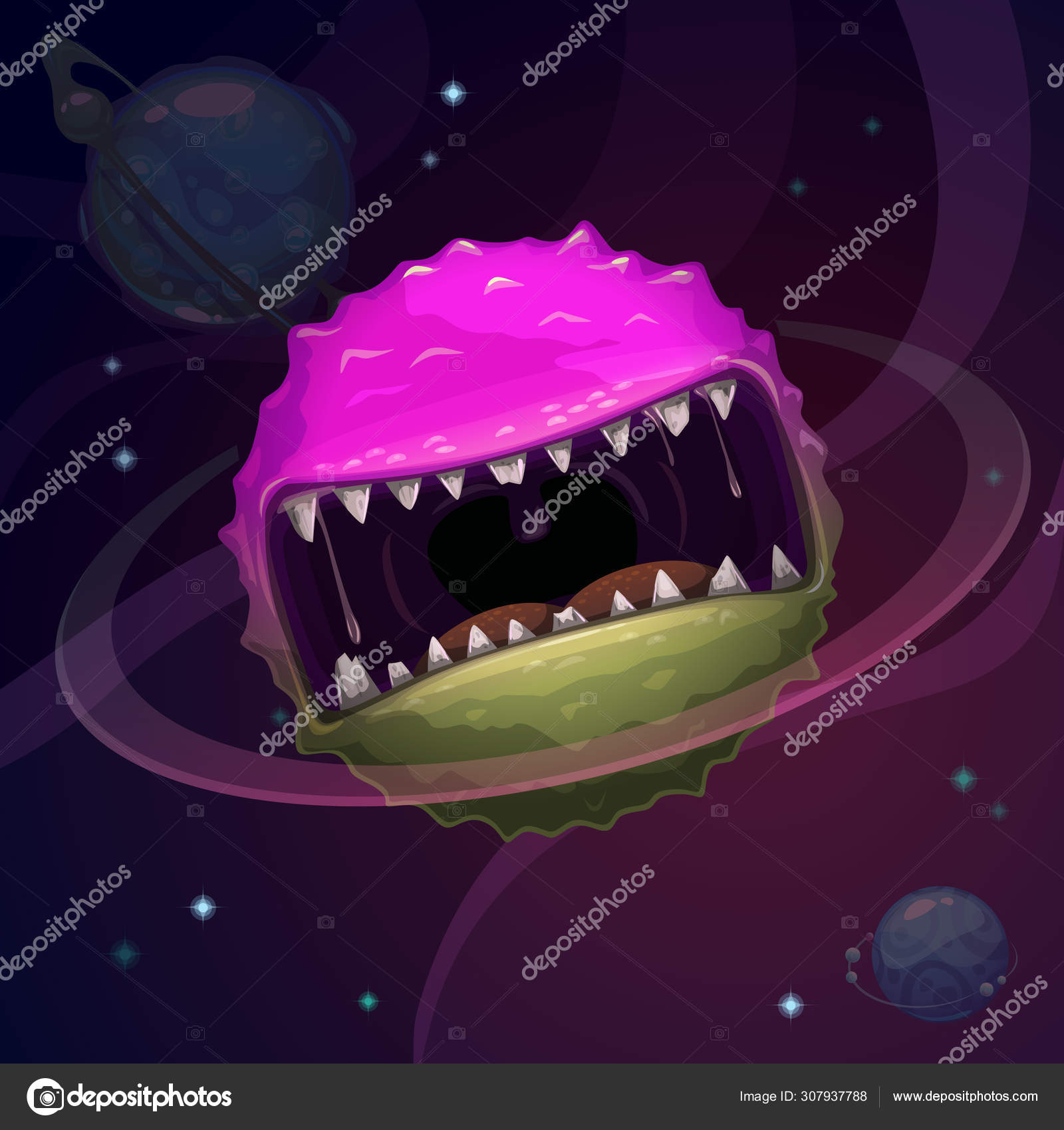 Cartoon fantasy monster planet with giant scary mouth on cosmic ...