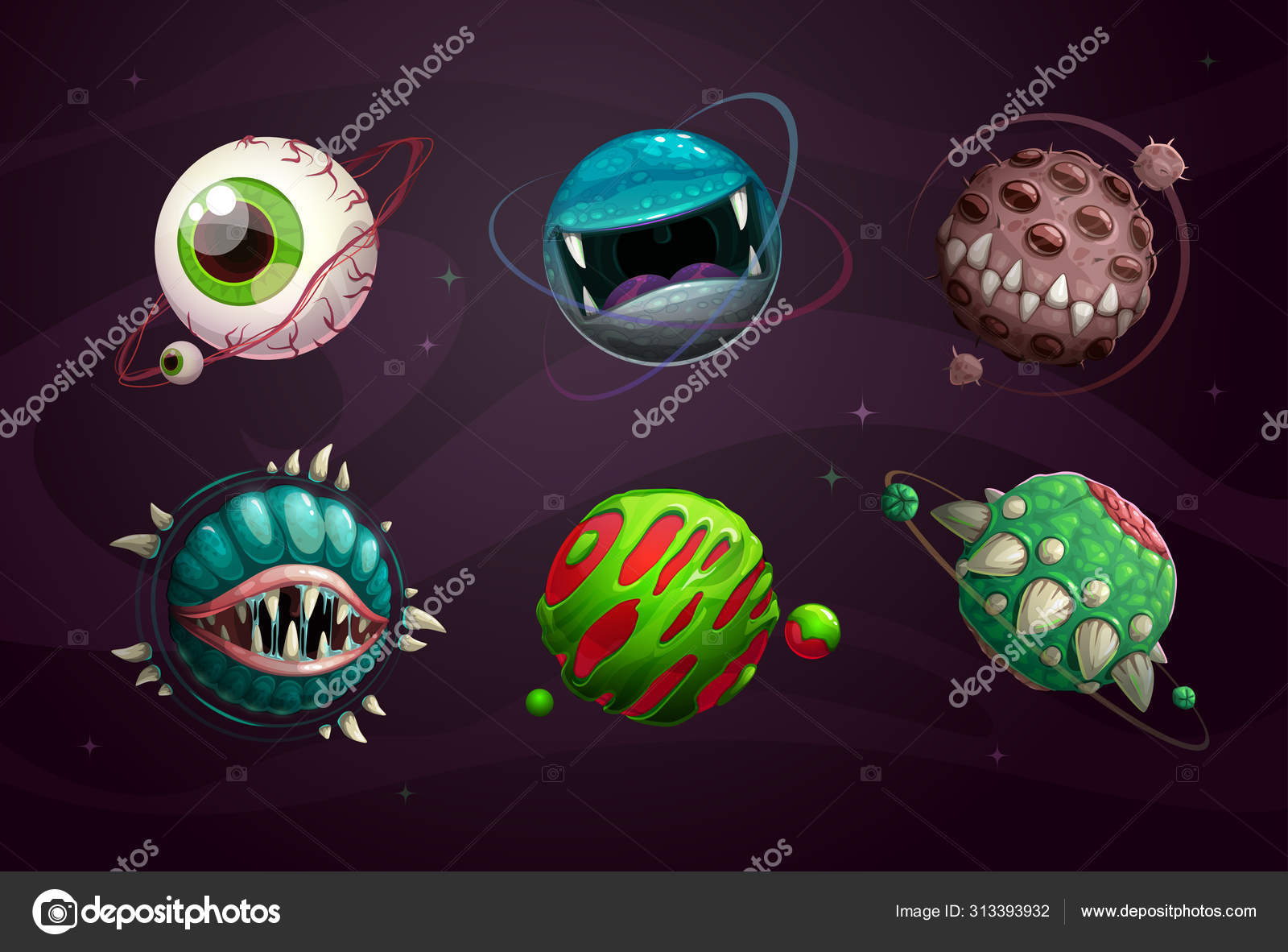 Evil planet concept. Scary monster planets set. Fantasy cosmic assets ...