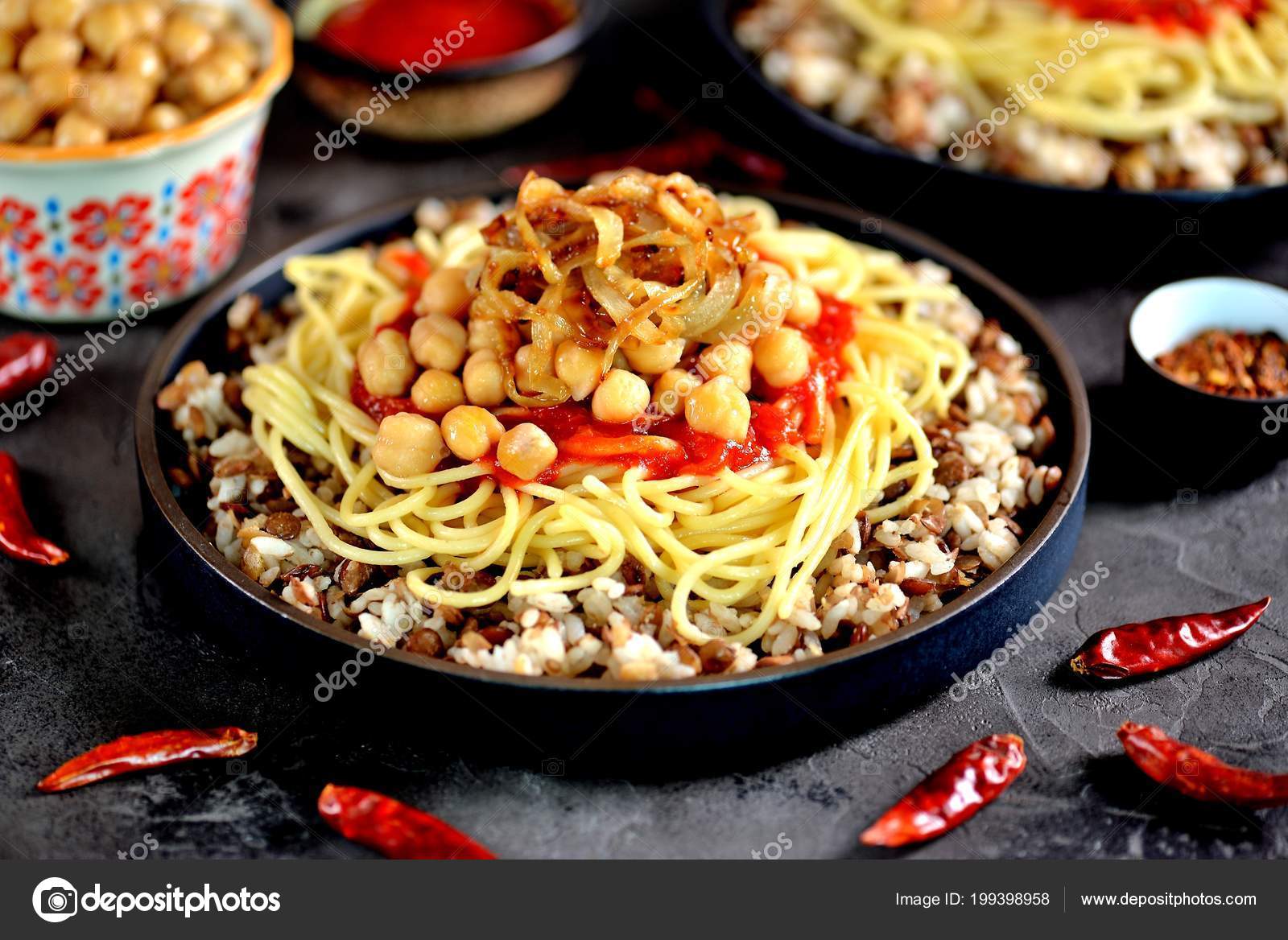 Kushari Koushari Egyptian Dish Lentils Rice Pasta Chickpeas Tomato ...