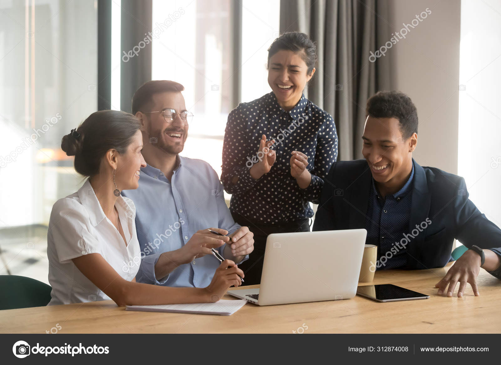 Happy Diverse Office Workers Team Laugh Work Together At Meeting ⬇
