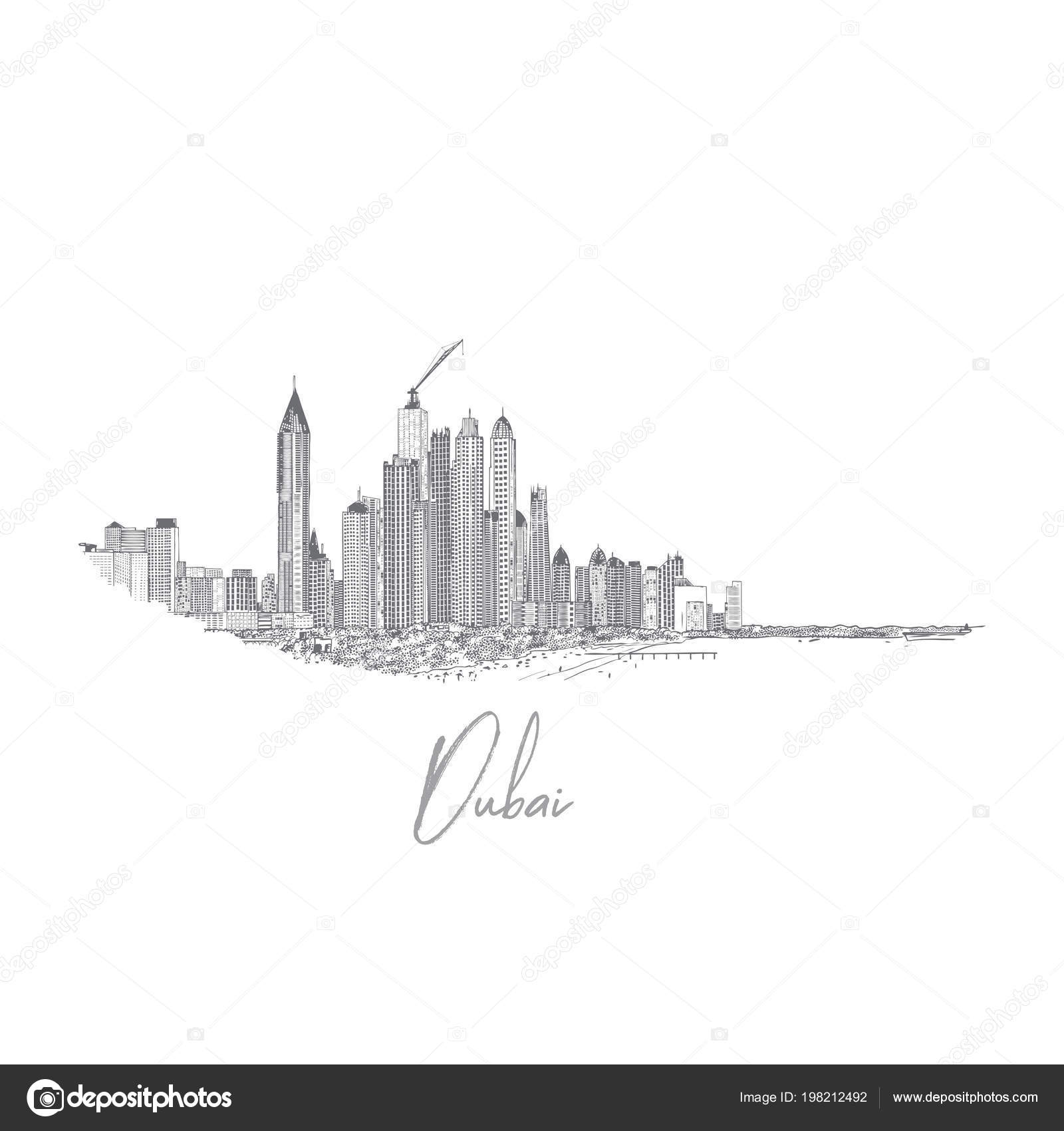 Hand Drawn Sketch Marina Dubai Uae City Beach Coast Sand Stock Vector ...