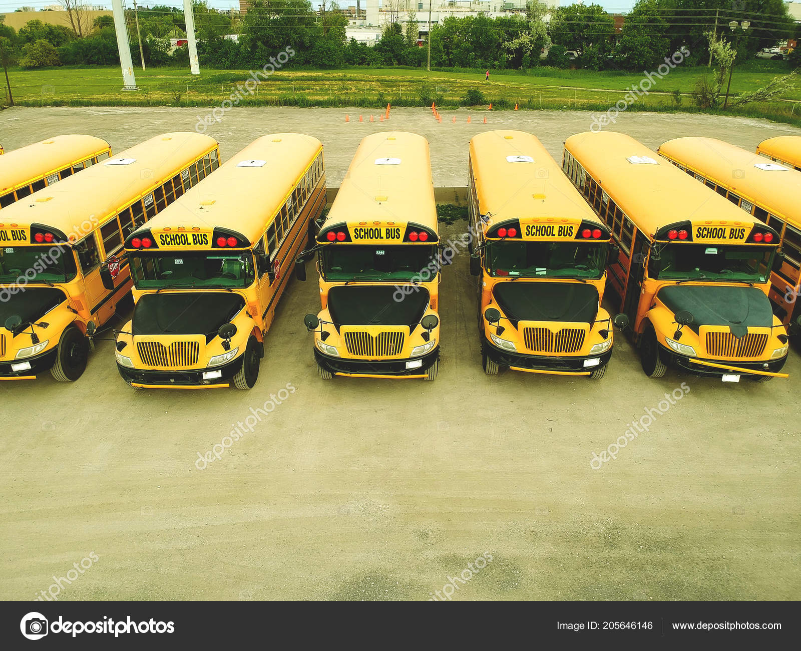 School Bus Vehicles Ready School Educational Season Drone Aerial View ...