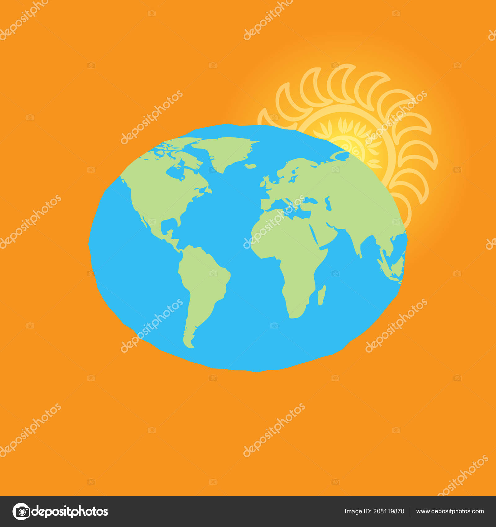 Earth Illustration Cartoon Sun Globe Orb Hemisphere Shape Sketch Color ...