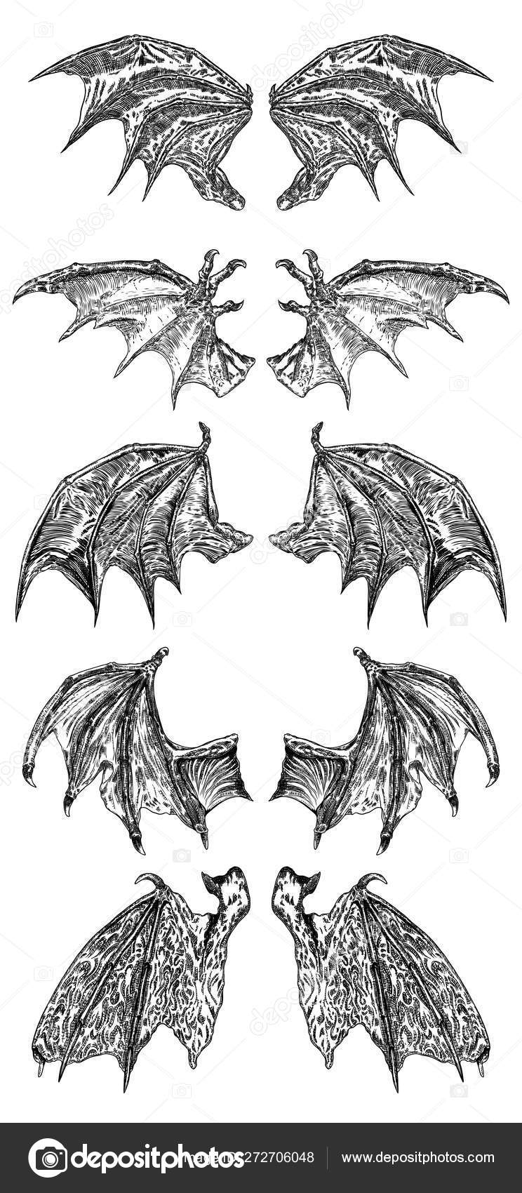 Set of hand drawn vintage etched woodcut fallen angel or vampire Stock ...