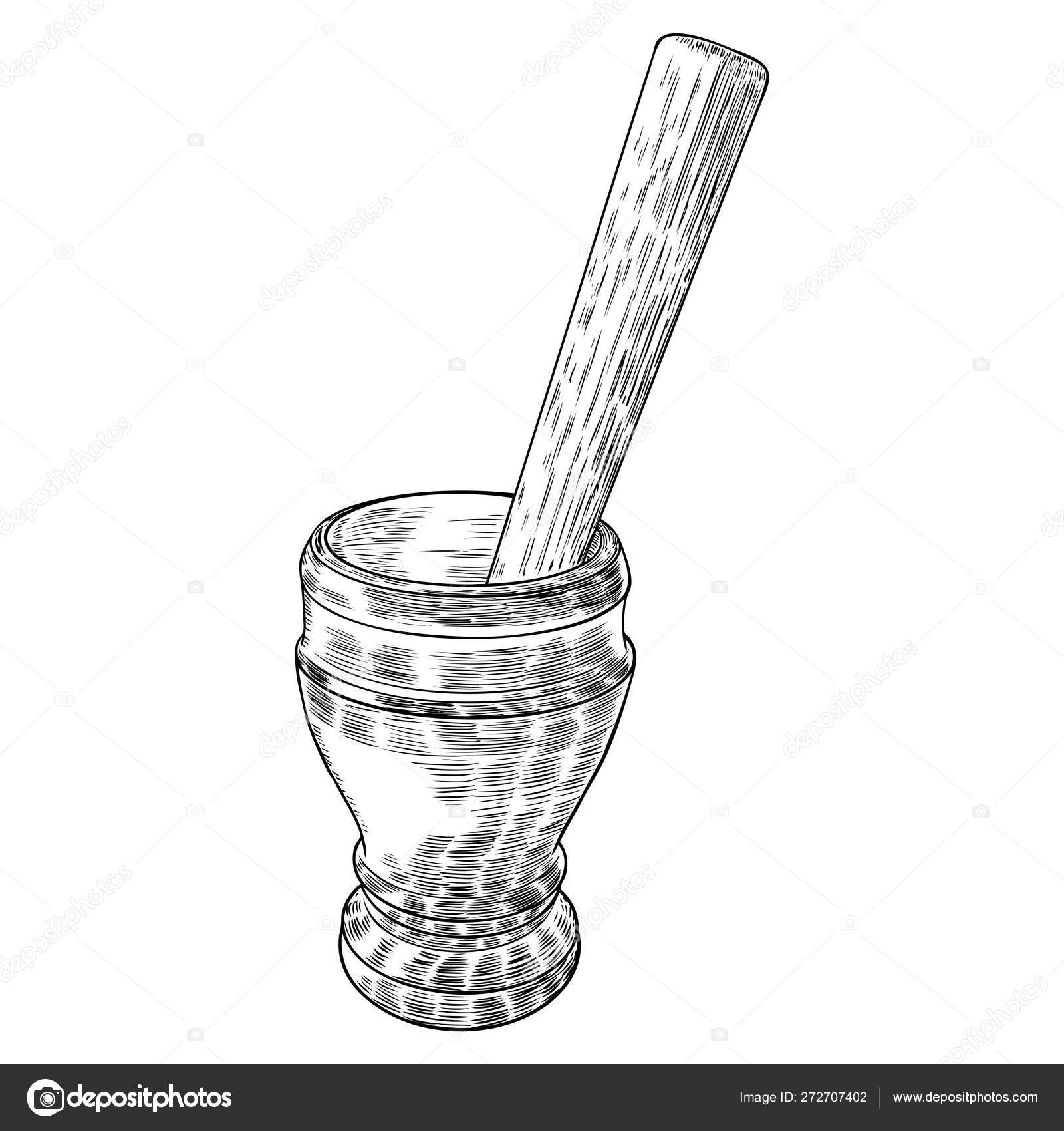 Mortero y pestle grabado vintage dibujo a mano. Aislado en wh Vector de ...