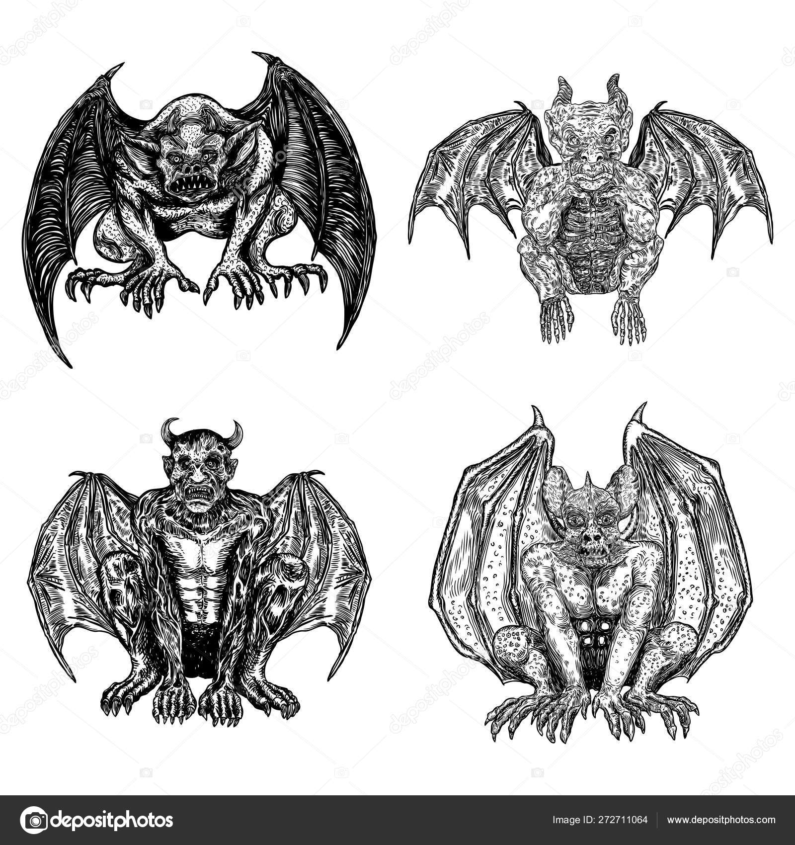 Set of mythological ancient creatures animals with bat like wing Stock ...
