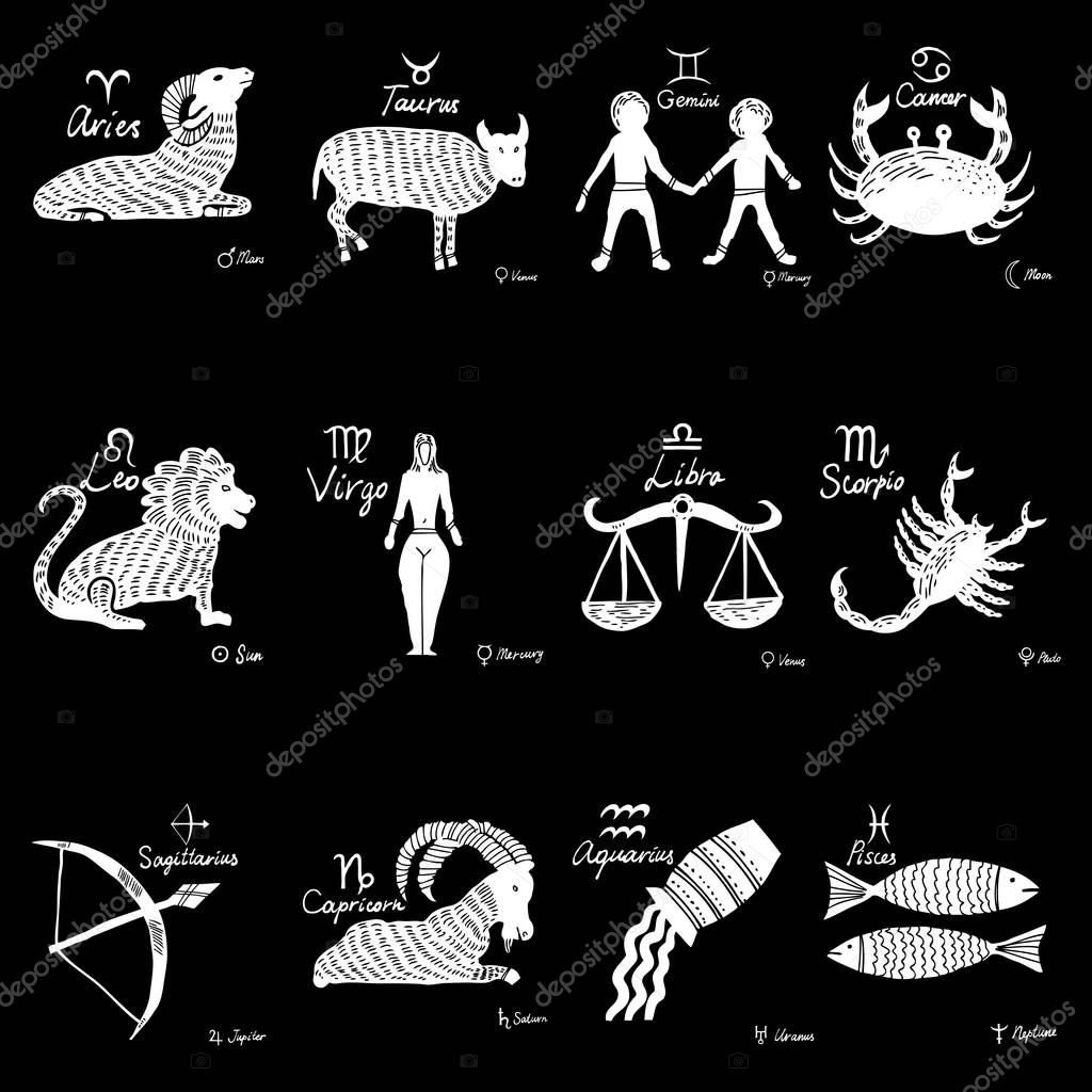 Vettoriale stockLe 12 costellazioni di segni zodiacali con illustrazione dell'oroscopo di ...