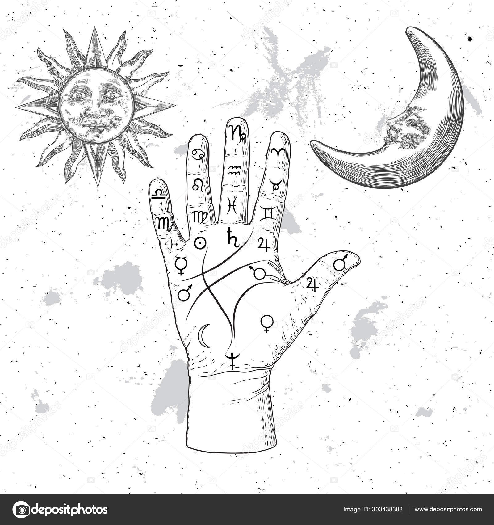 Chiromancy hand, ancient palm reading drawing and spiritual symbols ...