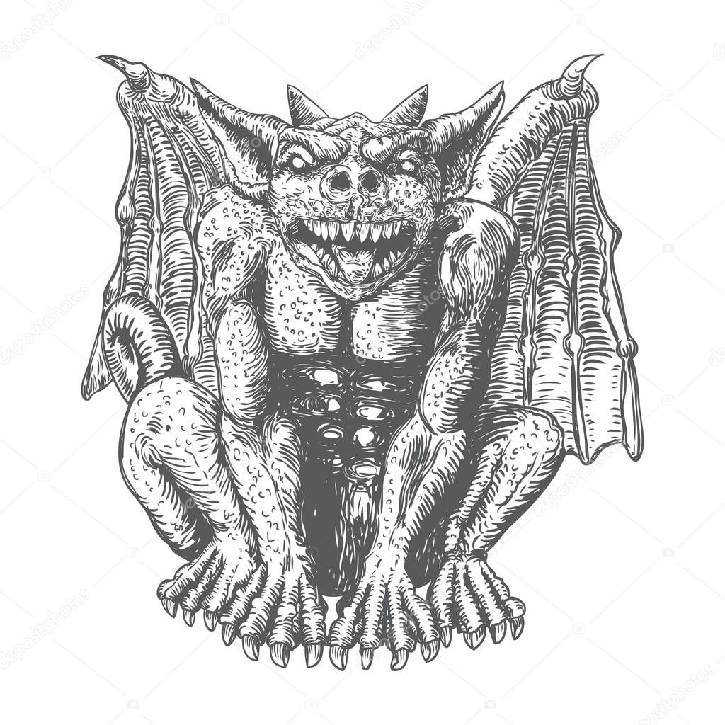 Gárgola sentada en posición agresiva para atacar murciélago humano y ...