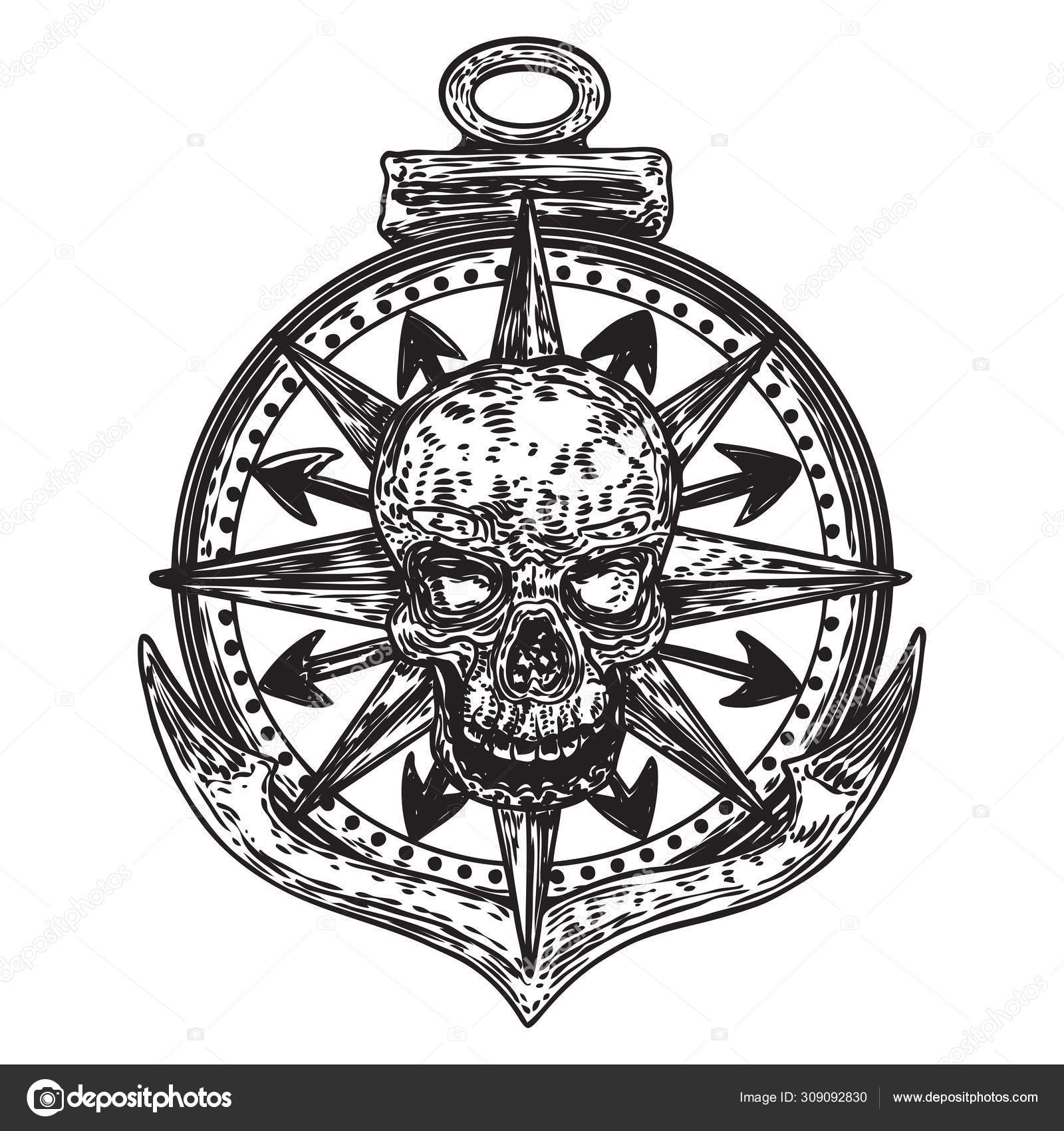 Nautical emblem with marine anchor and compass arrows wheel and Stock ...