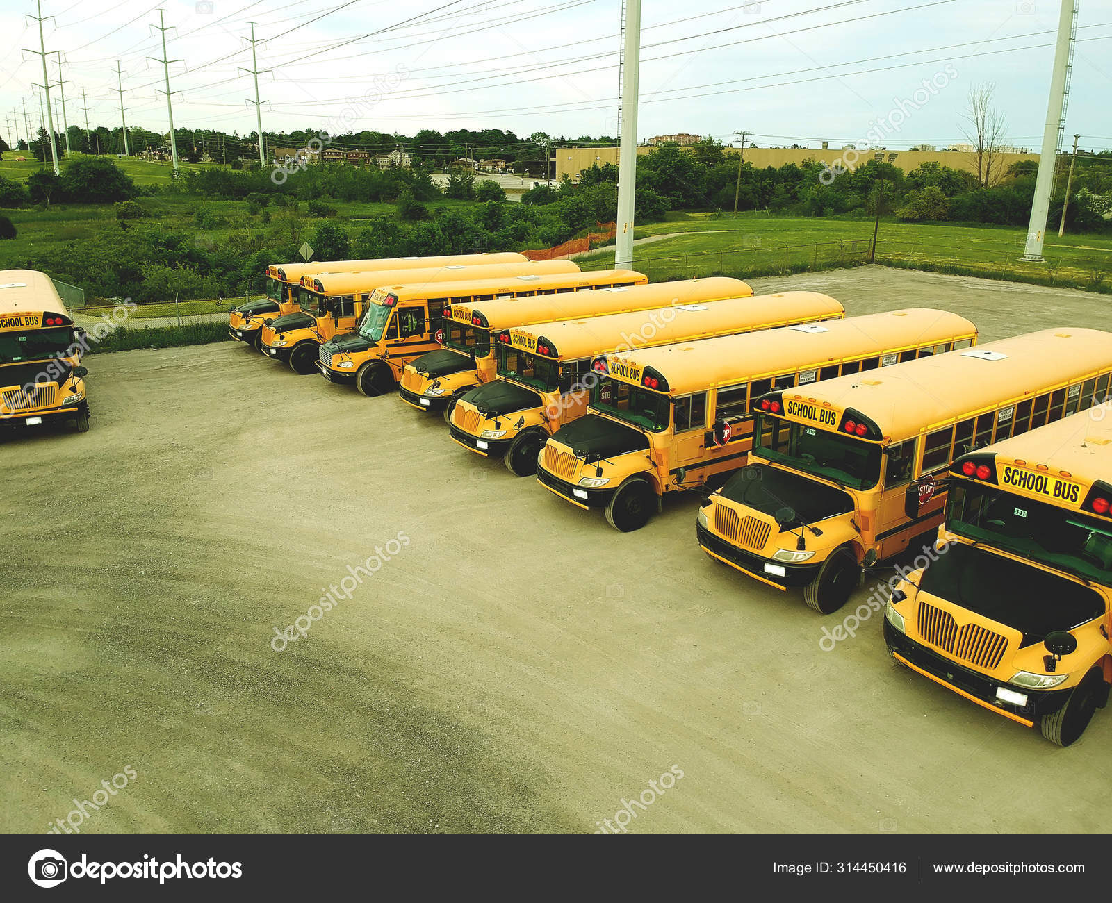 School bus vehicles ready for school educational season. Parking lot of ...
