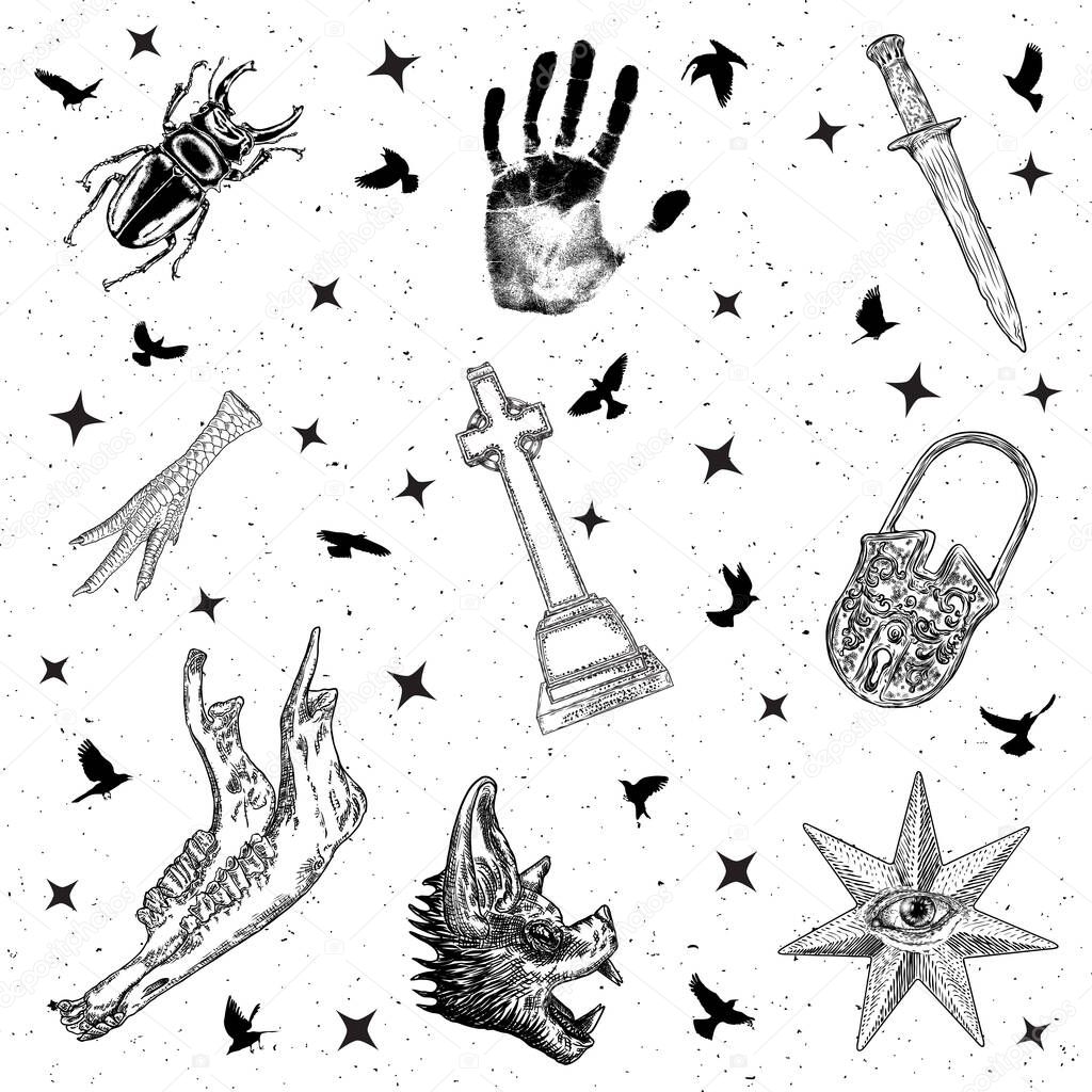 Conjunto de objetos misteriosos ocultos místicos y brujeros. Lápida o ...