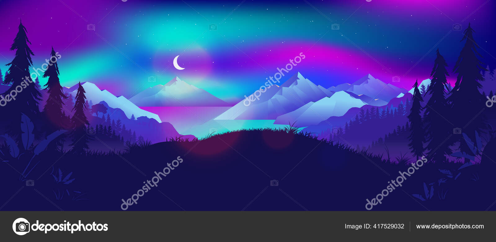 Northern Lights Night Landscape View Forest Fjord Mountains Sea Dancing ...