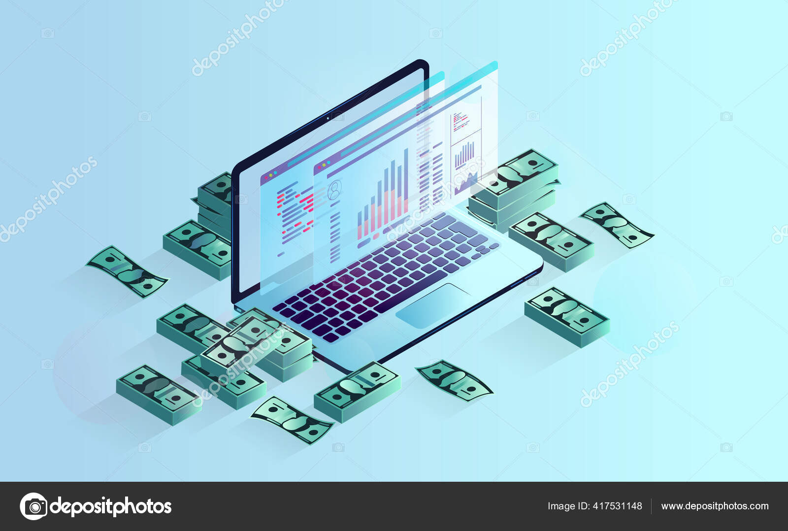 Computer Money Laptop Dollar Bills Screens Showing Text Graphs Earning ...