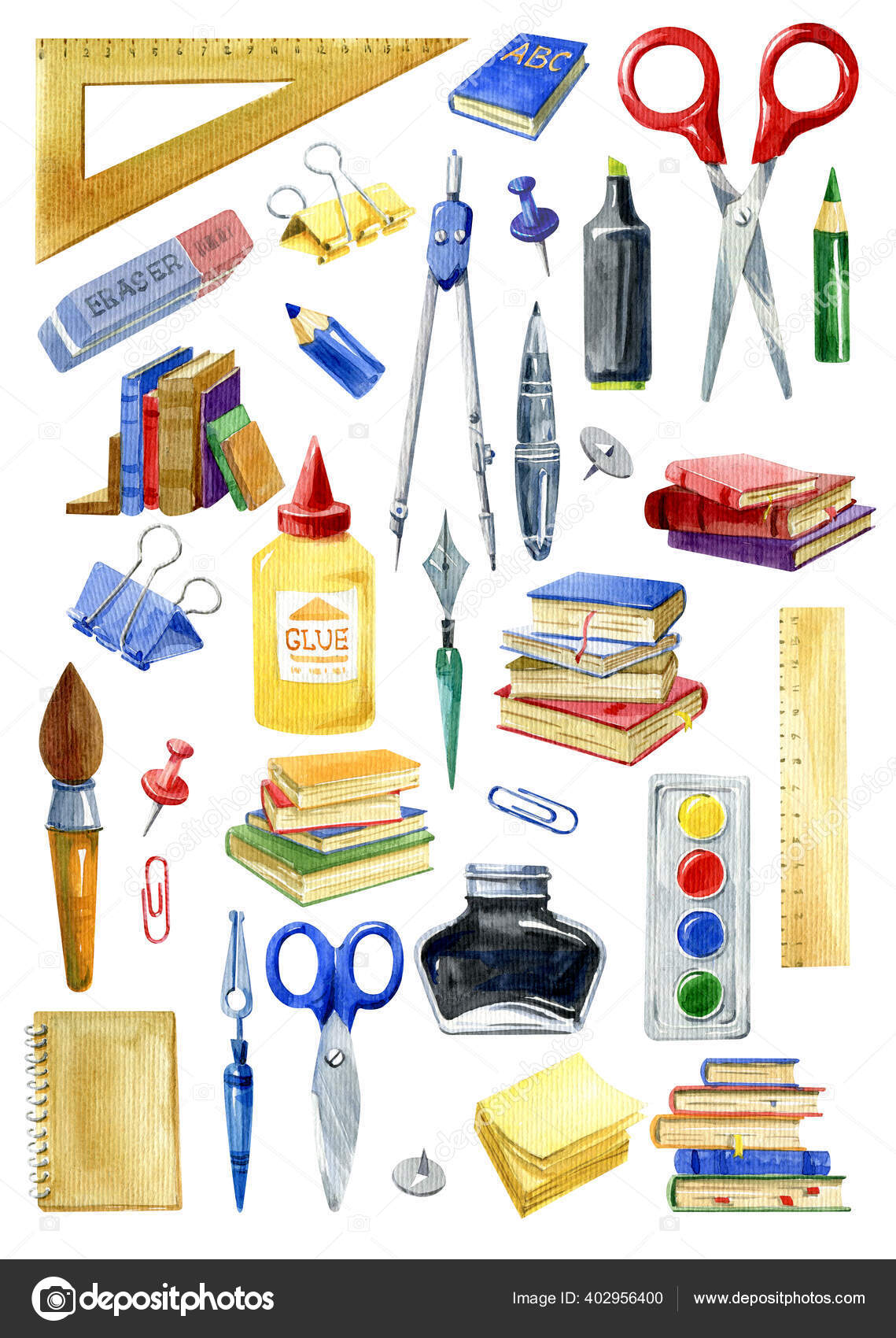 Watercolor Set School Tools Isolated Pens Pencils Brush Notebook Rules ...