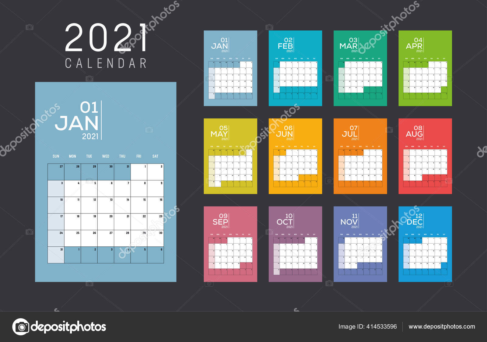 Yıl 2021 Aylık Renkli Takvim Hafta Pazar Günü Başlıyor Vektör ©titoOnz ...
