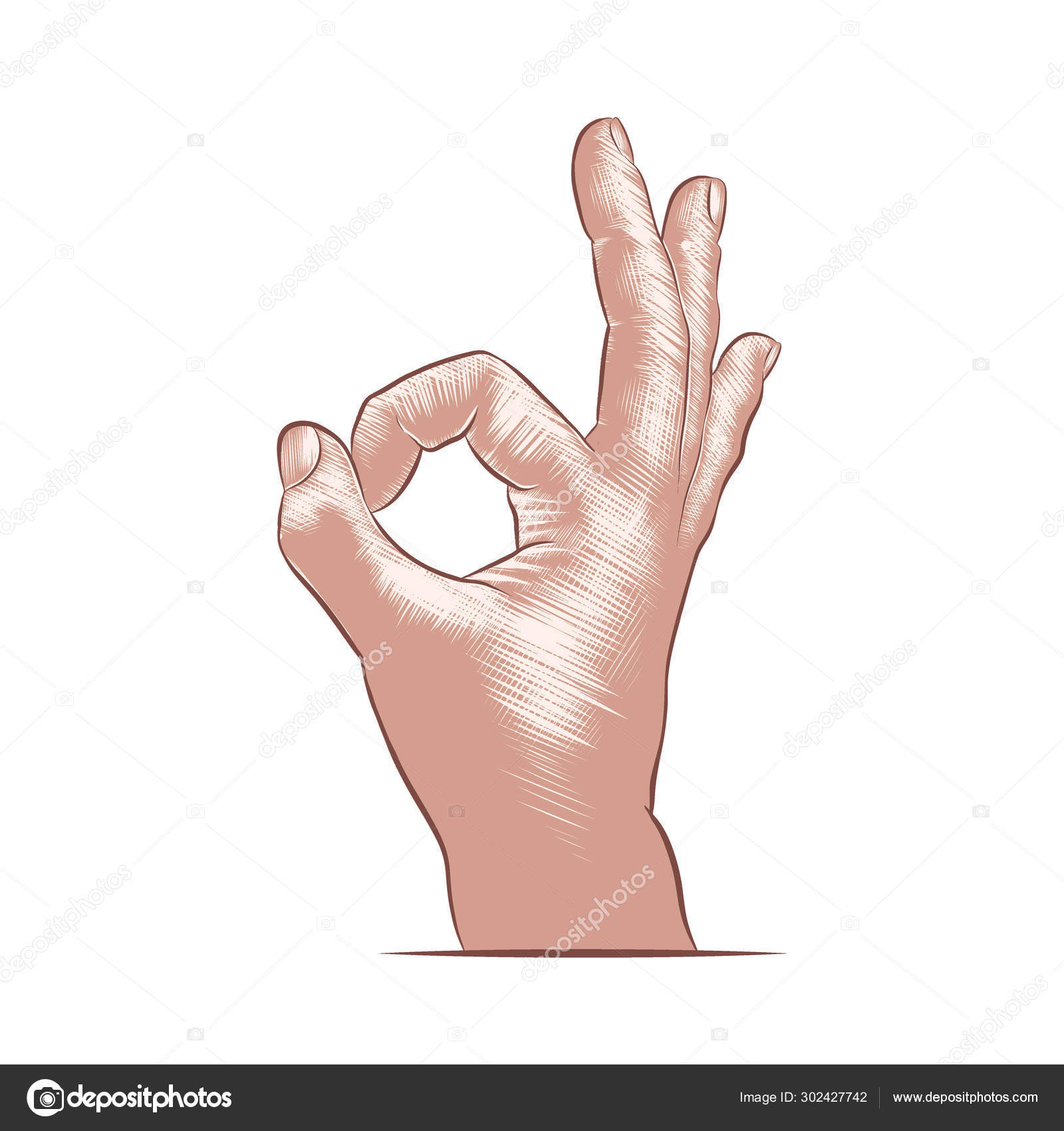 Hand drawn sketch of hand ok sign in colorful isolated on white ...