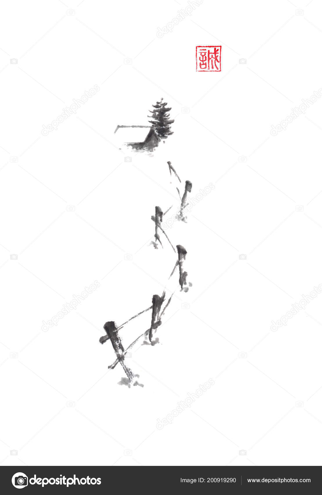 House in snow Japanese style original sumi-e ink painting. — Stock ...