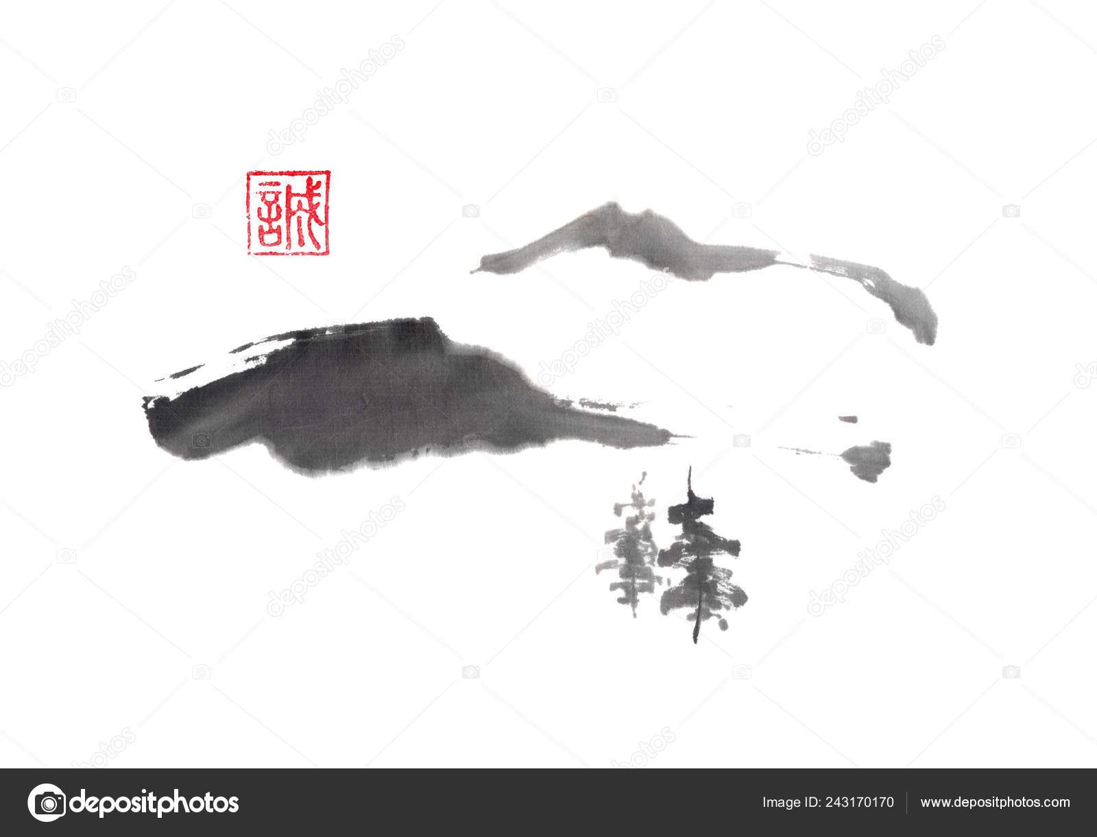 Minimalistic winter mountain landscape, Japanese style sumi-e ink ...