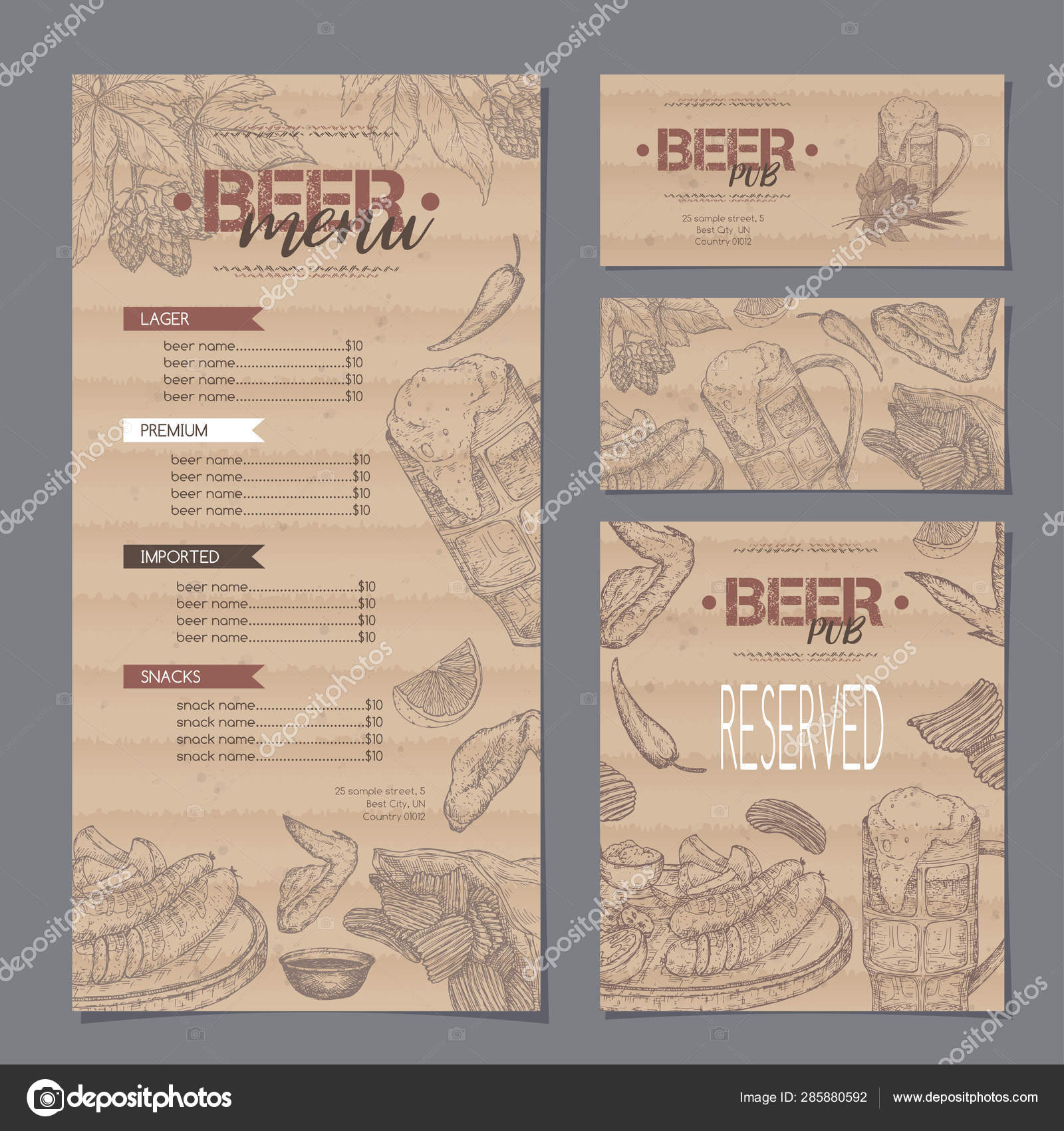 Beer bar menu and card templates featuring beer mug, hop branch, wheat ...