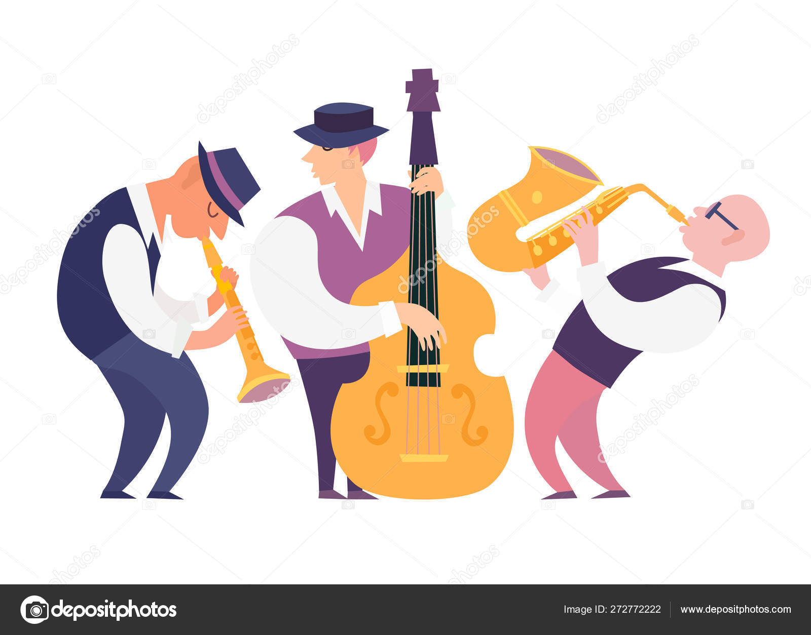 Bajo De Jazz De Dibujos Animados Músico Tocando Saxofón Cartoon