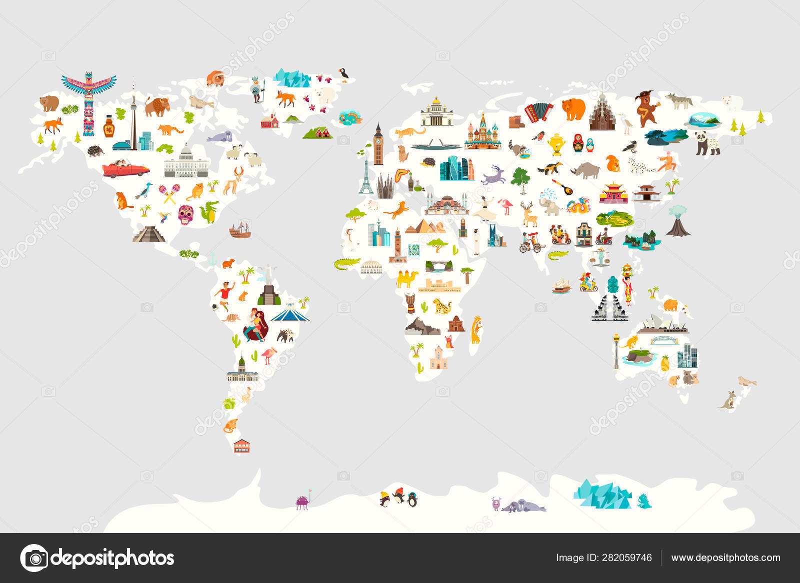 Landmarks World Map Vector Cartoon Illustration Cartoon Globe Vector ...