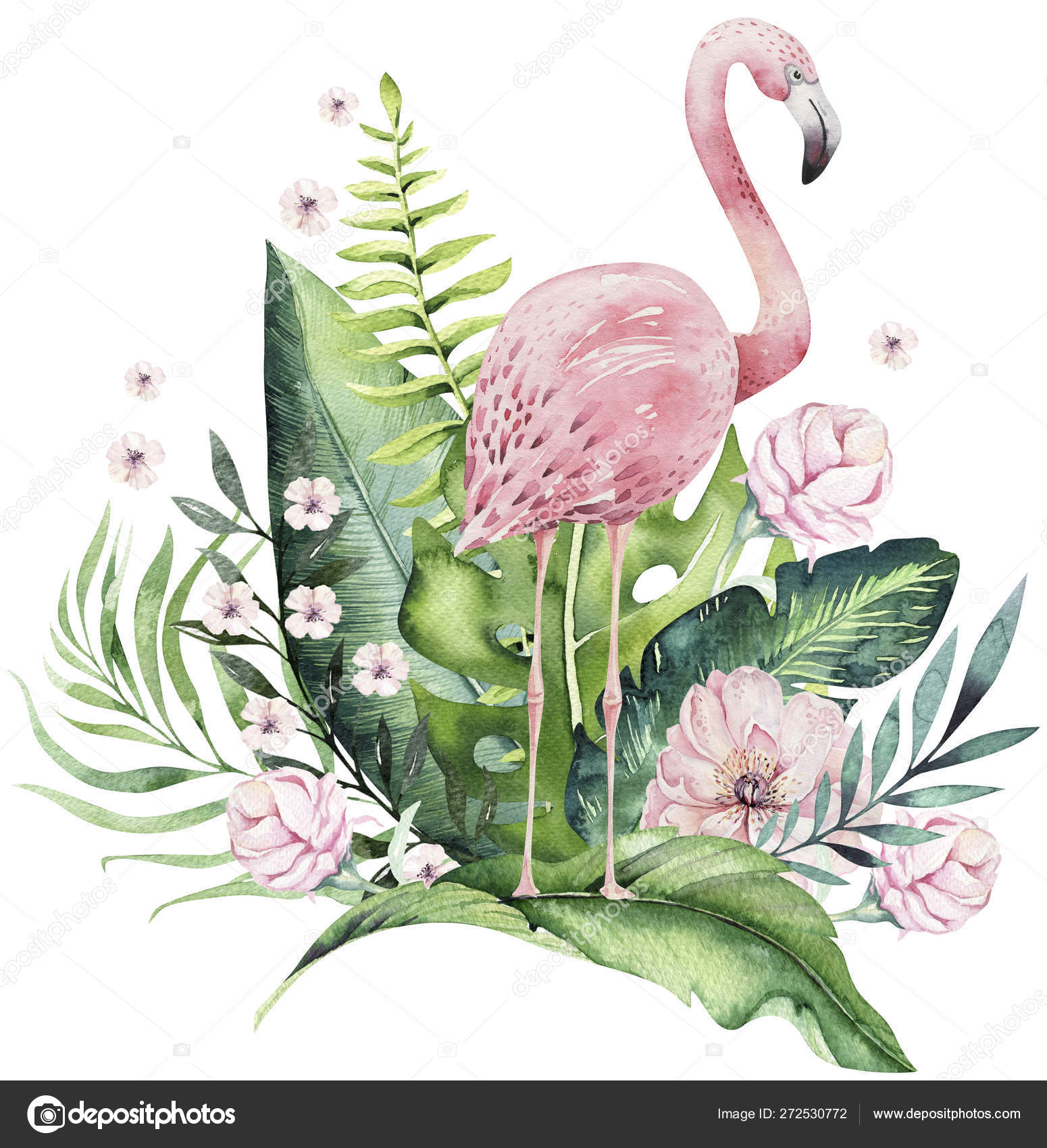 Hand Drawn Watercolor Tropical Pink Flamingo Bird Green Leaves Flowers ...